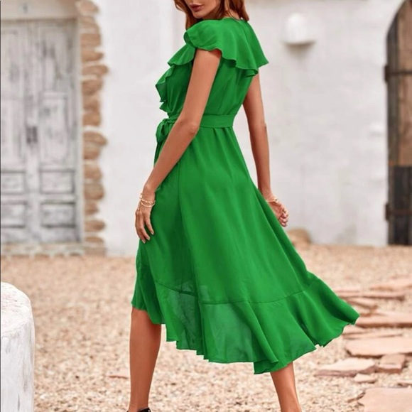 Accessories | Green Ruffle Hem Belted Midi Dress | Poshmark